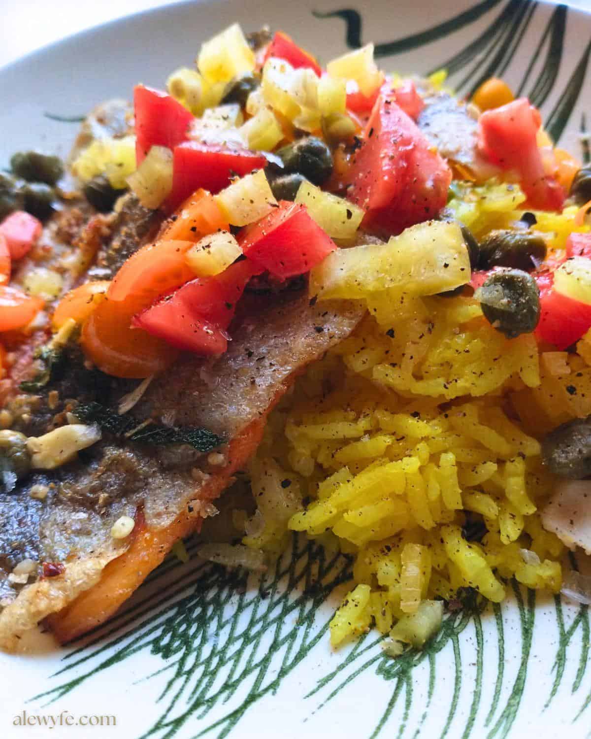 Pan-Seared Trout with Tomato Pepper Relish & Yellow Rice - ALEWYFE